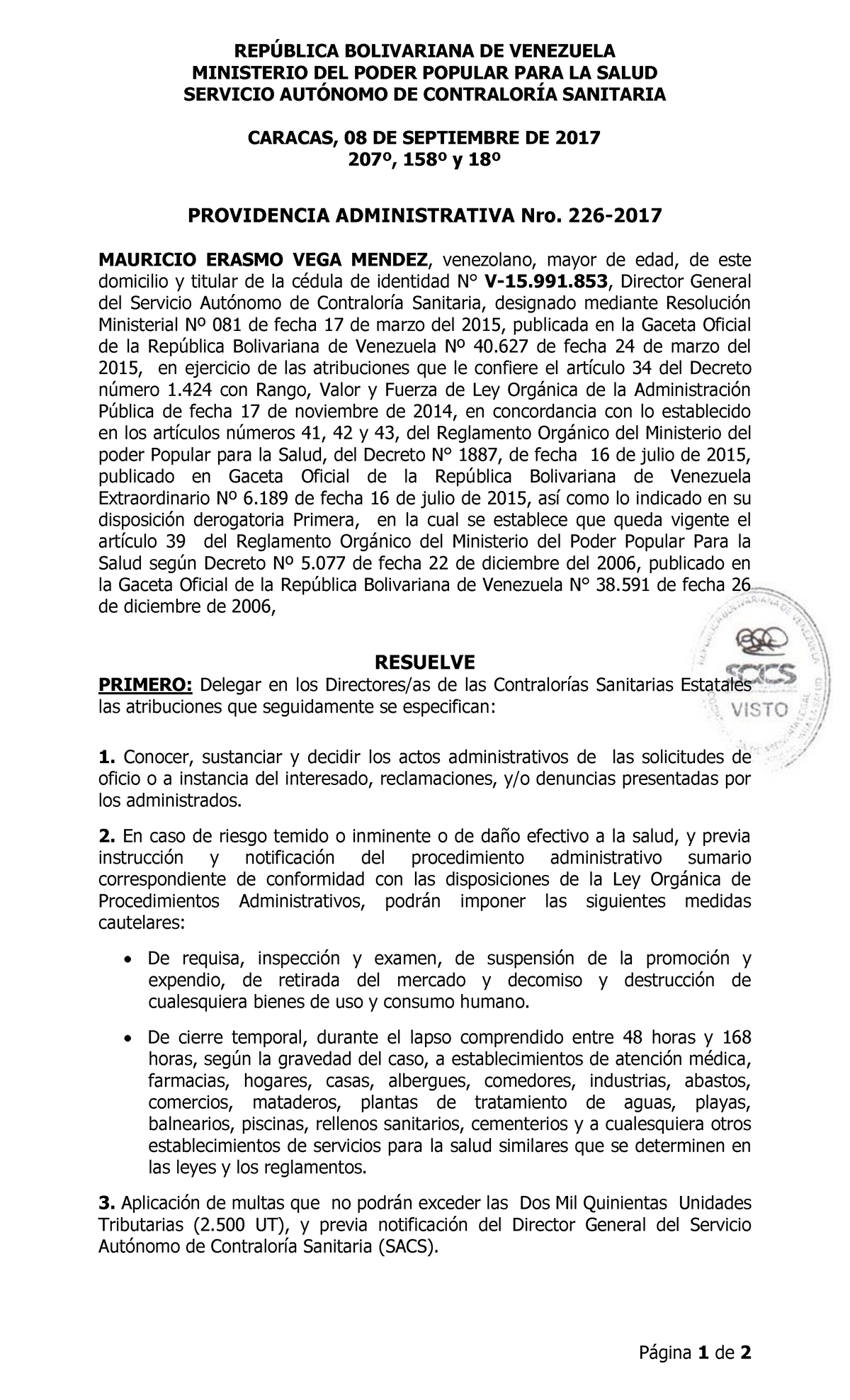 Providencia 226 2017 Aplciacion de multas del sacs - REP⁄BLICA ...