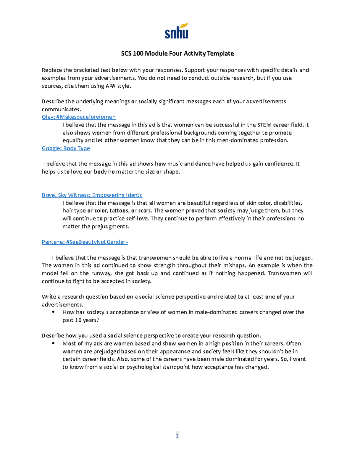 SCS 100 Module Four Activity Template - SCS 100 Module Four Activity Template Replace the ...