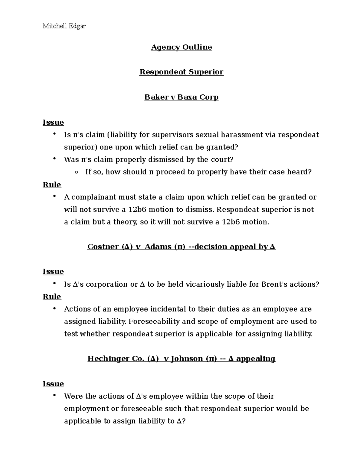 Agency Outline - Agency Outline Respondeat Superior Baker v Baxa Corp ...