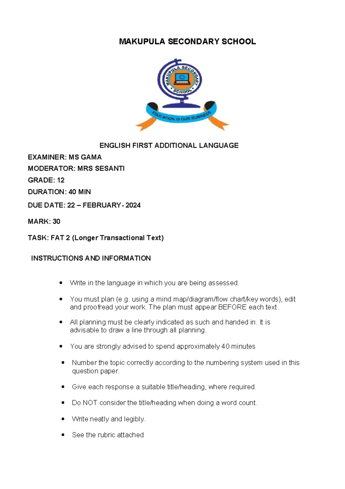 Longer transactional text task 2 - MAKUPULA SECONDARY SCHOOL ...