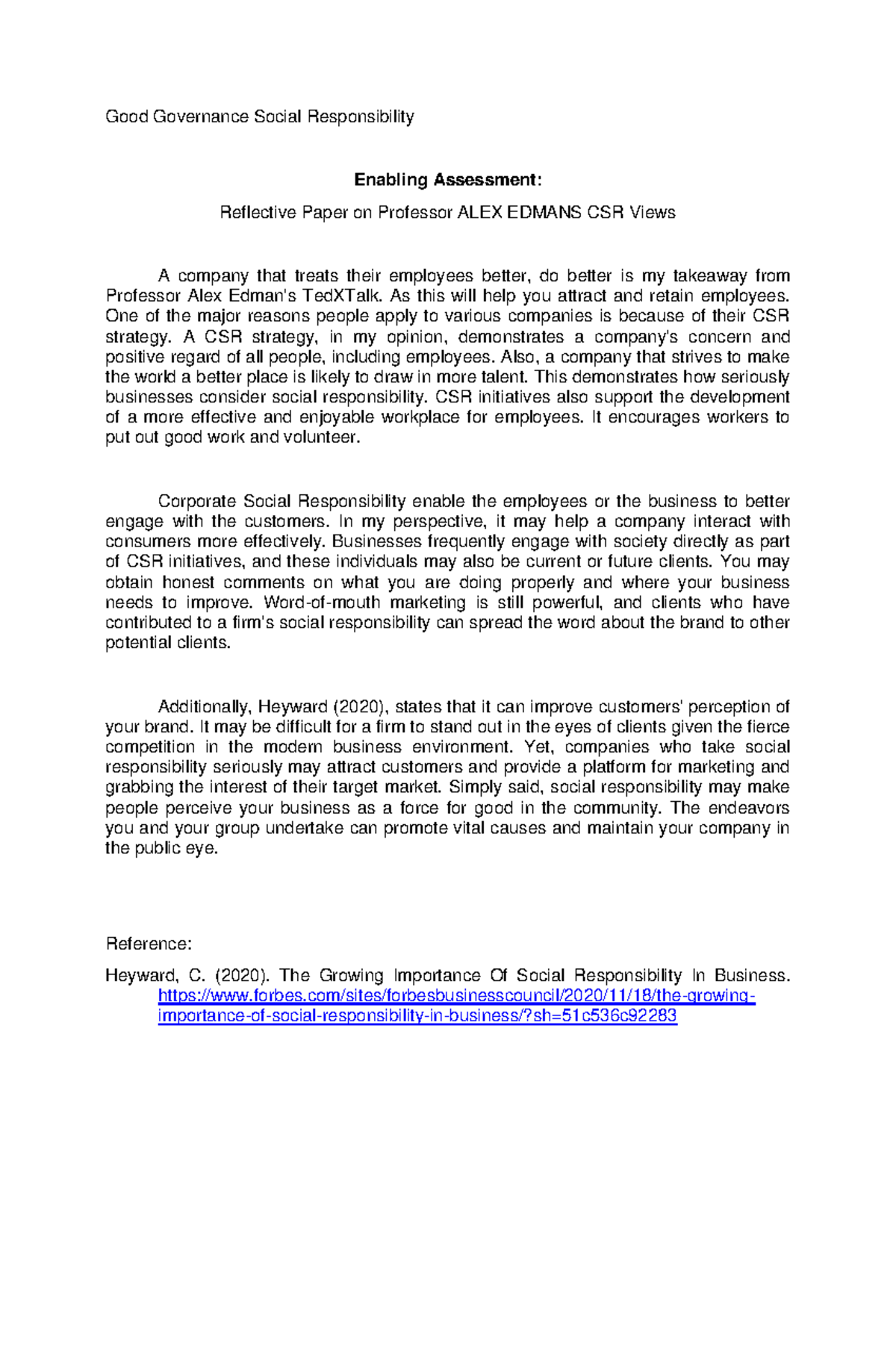 Reflective Paper - Professor ALEX Edmans CSR Views - Good Governance ...