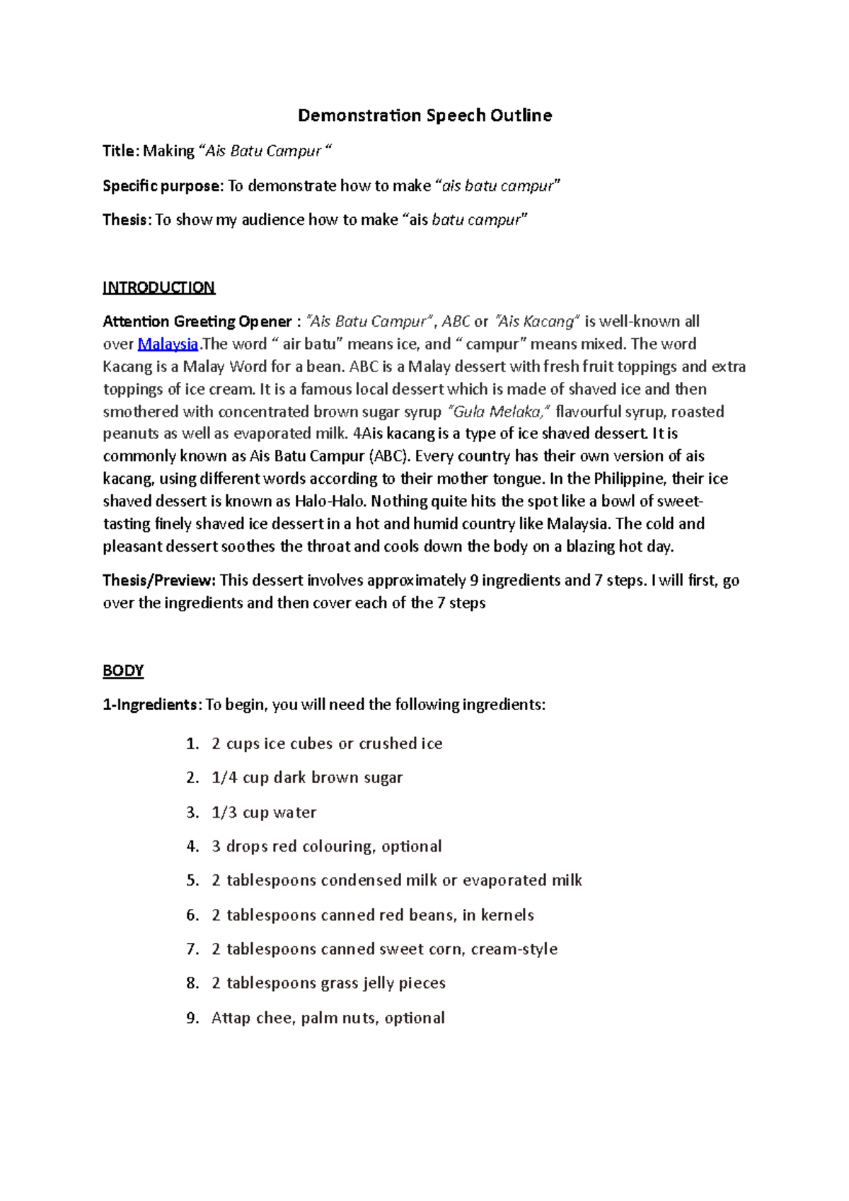 Demonstration Speech Outline - MPU - Demonstration Speech Outline Title ...