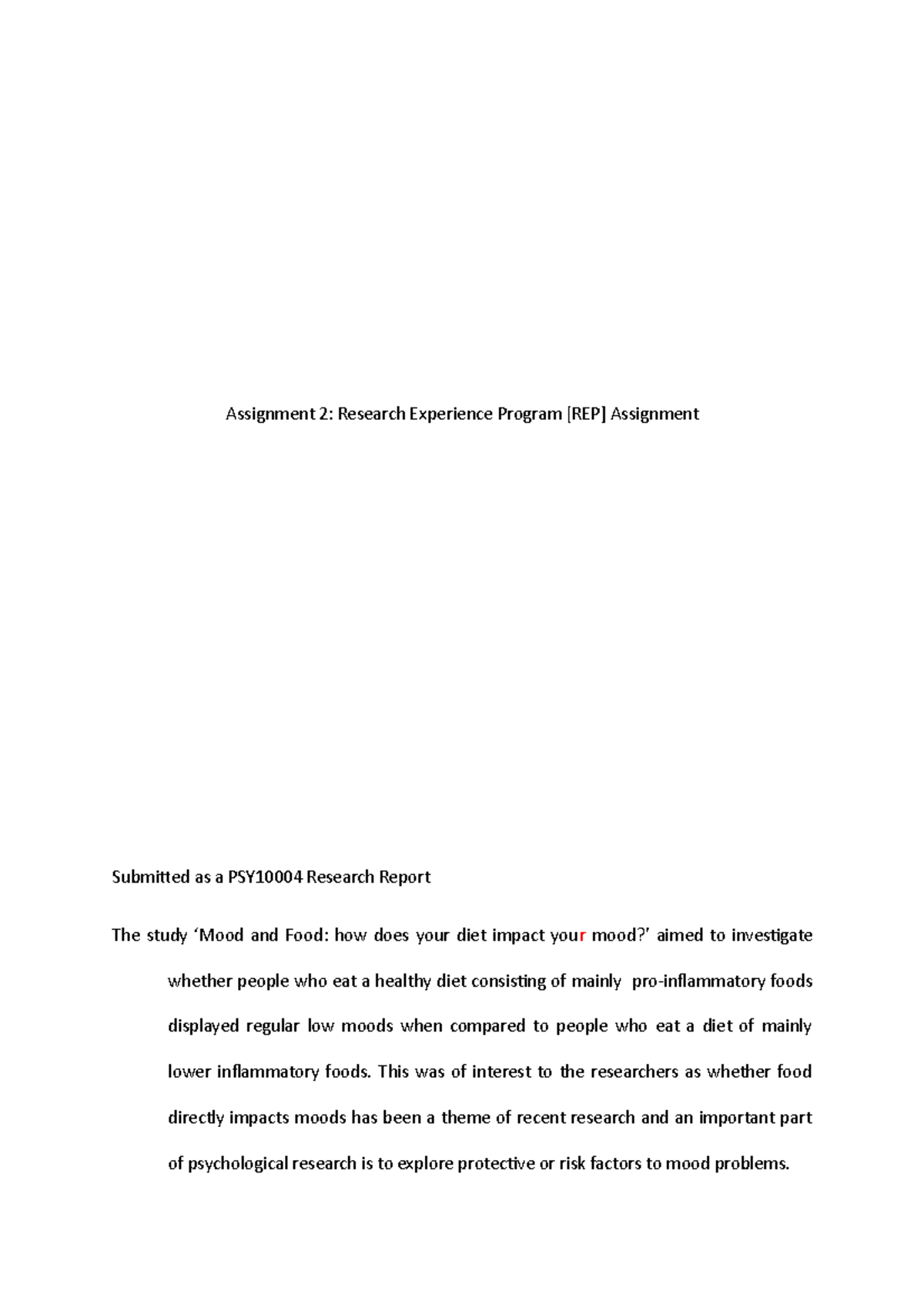 PSY10004 assignment 2 research experience program [REP] assignment ...