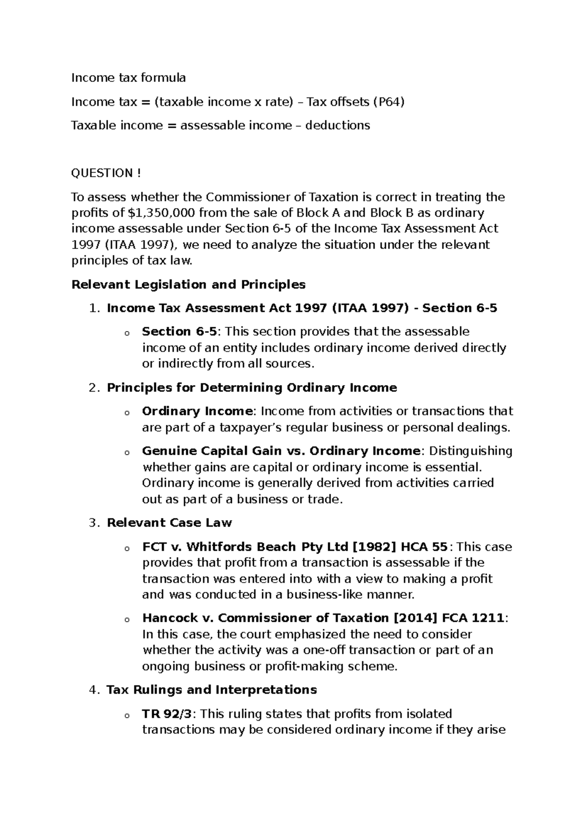 TAX LAW take home assessment - Income tax formula Income tax = (taxable ...
