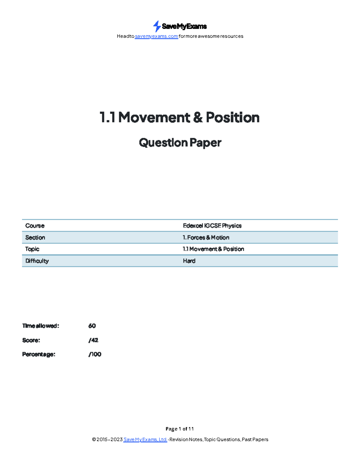 Hard movemnt - n/a - 1 Movement & Position Question Paper C ...