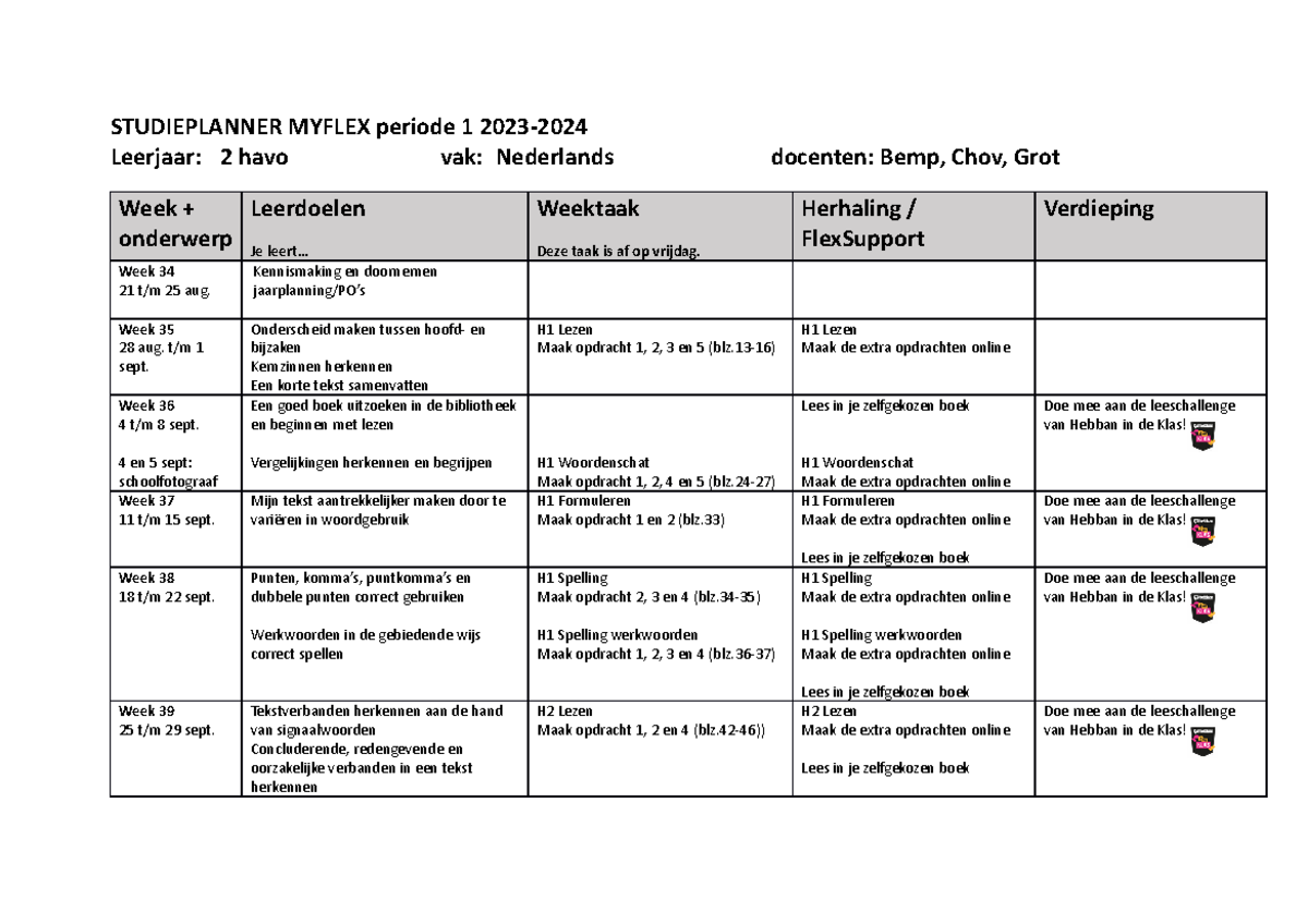 P1 Nederlands studieplanner, 2023-2024, havo 2 - STUDIEPLANNER MYFLEX periode 1 2023- Leerjaar ...