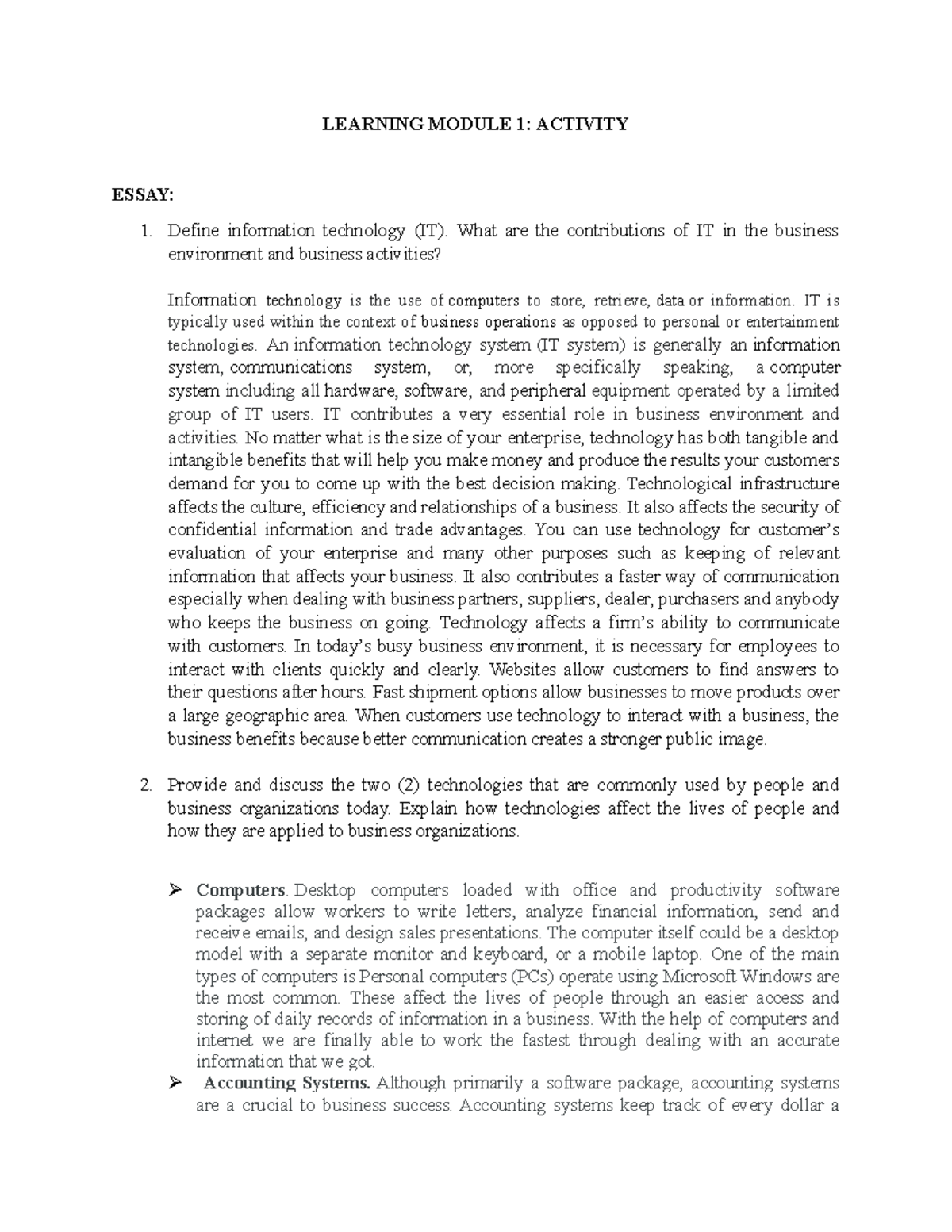 Learning- Module-1 IT BUS - LEARNING MODULE 1: ACTIVITY ESSAY: Define ...