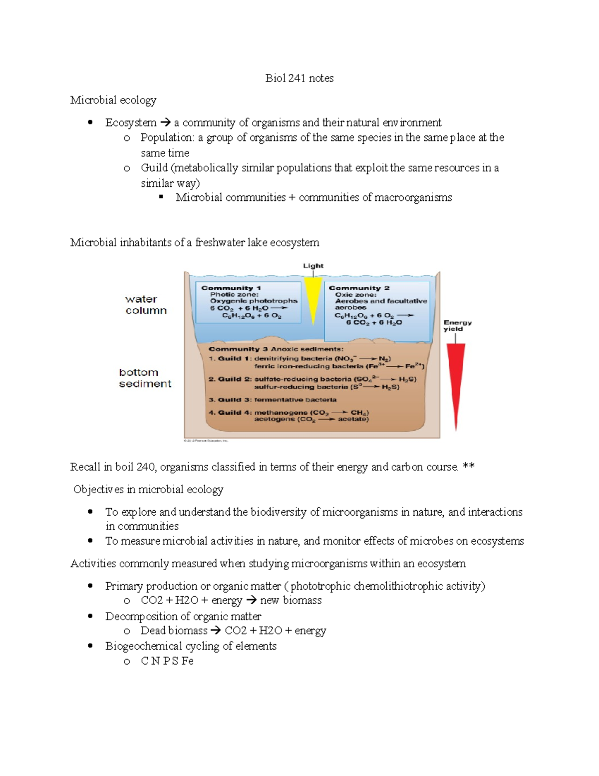 Biol 241 notes - Biol 241 notes Microbial ecology Ecosystem a community ...