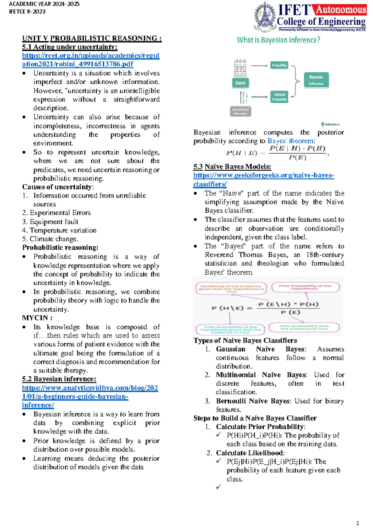 U5 HD - HANDOUT - 1 ACADEMIC YEAR 2024- 2025 IFETCE R- 2023 UNIT V PROBABILISTIC REASONING : 5 ...