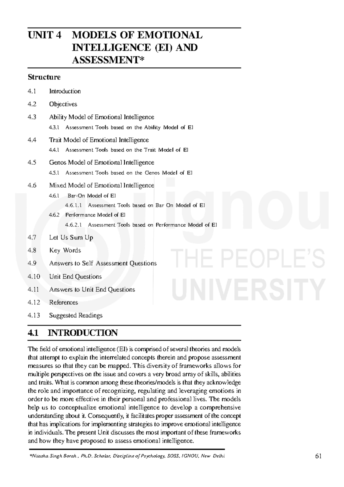 Models of EI - UNIT 4 MODELS OF EMOTIONAL INTELLIGENCE (EI) AND ...
