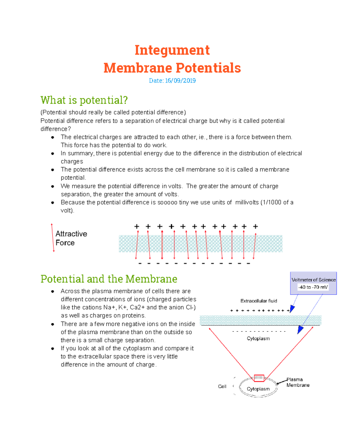 Week Three Anatomy Lecture P2 - Integument Membrane Potentials Date: 16 ...