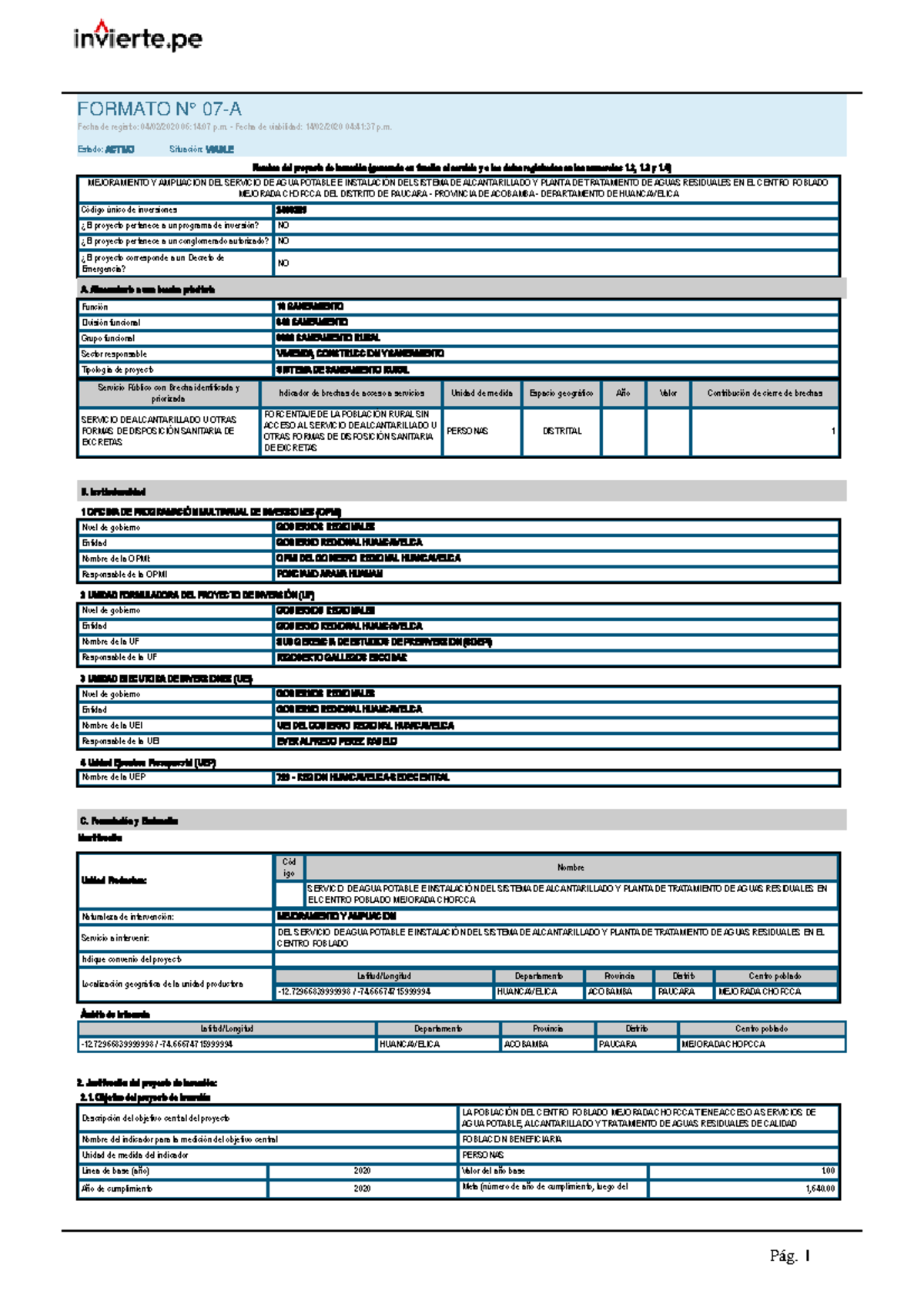 Formato N° 07A - Nombre del proyecto de inversión (generada en función al servicio y a los datos ...