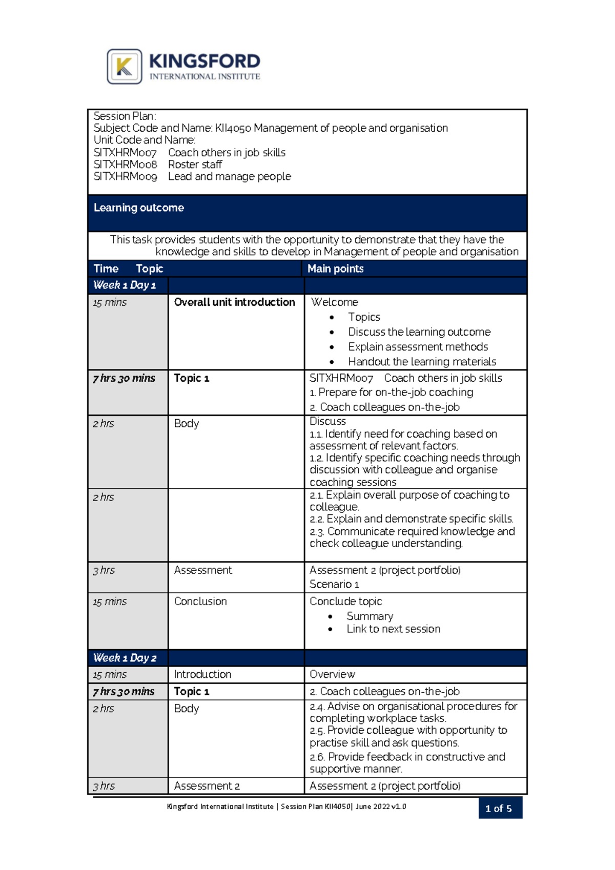 Session Plan KII4050 - Lead and manage people - Session Plan: Subject ...