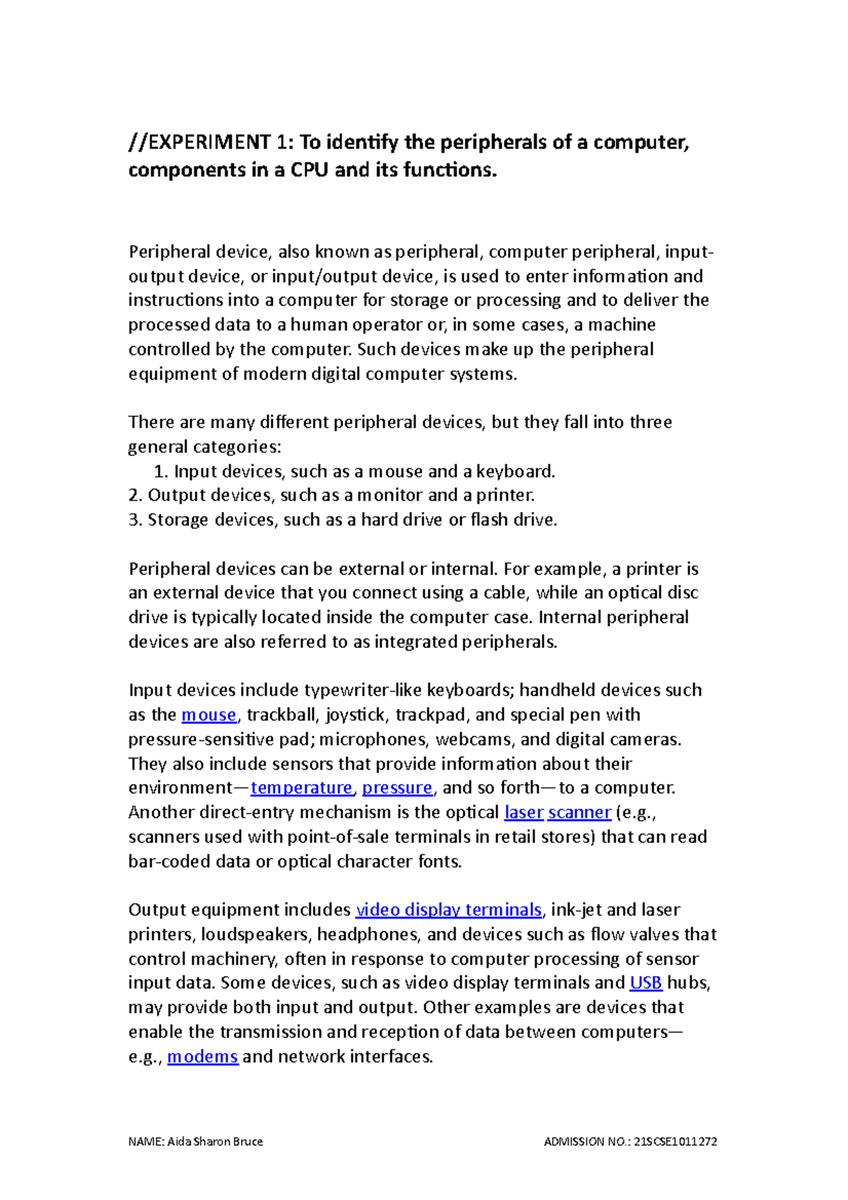 Computer Workshop - //EXPERIMENT 1: To identify the peripherals of a ...