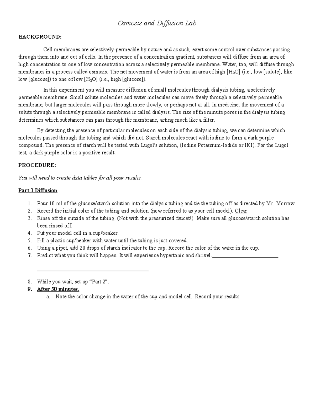 Osmosis and Diffusion Lab 2023-24 NO Glucose - Osmosis and Diffusion Lab BACKGROUND: Cell ...