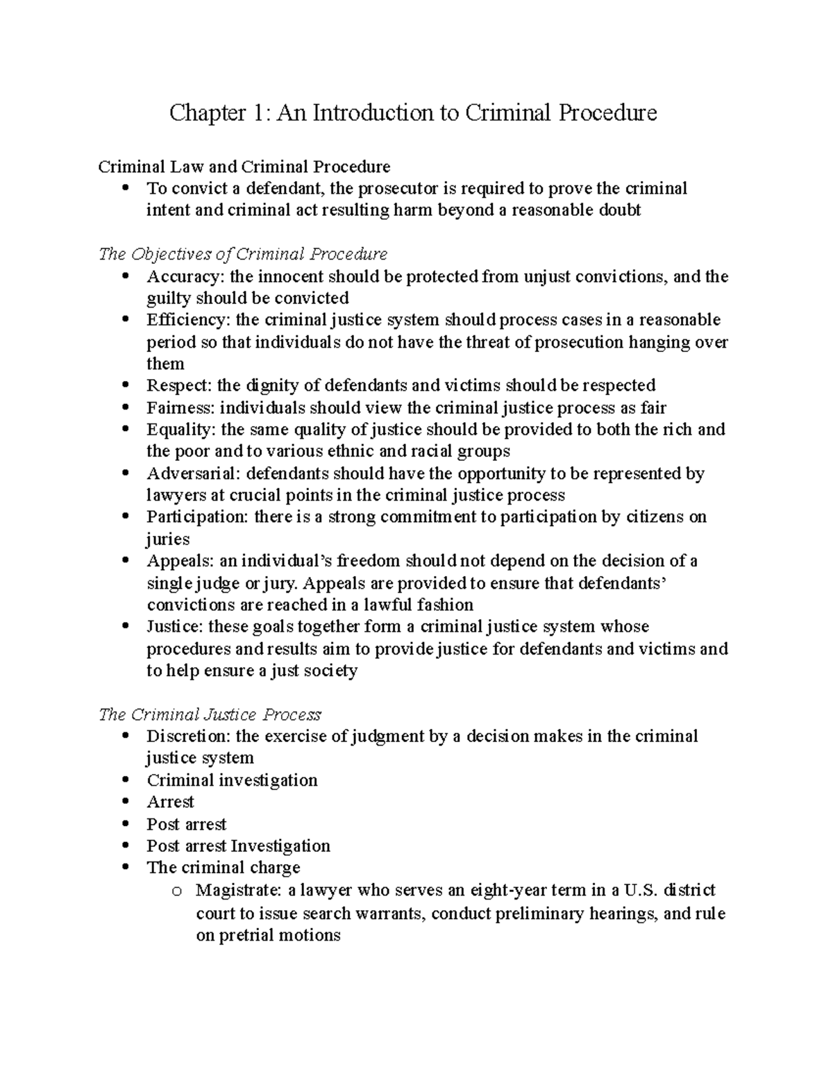 Chapter 1 notes - criminal procedure - Chapter 1: An Introduction to ...
