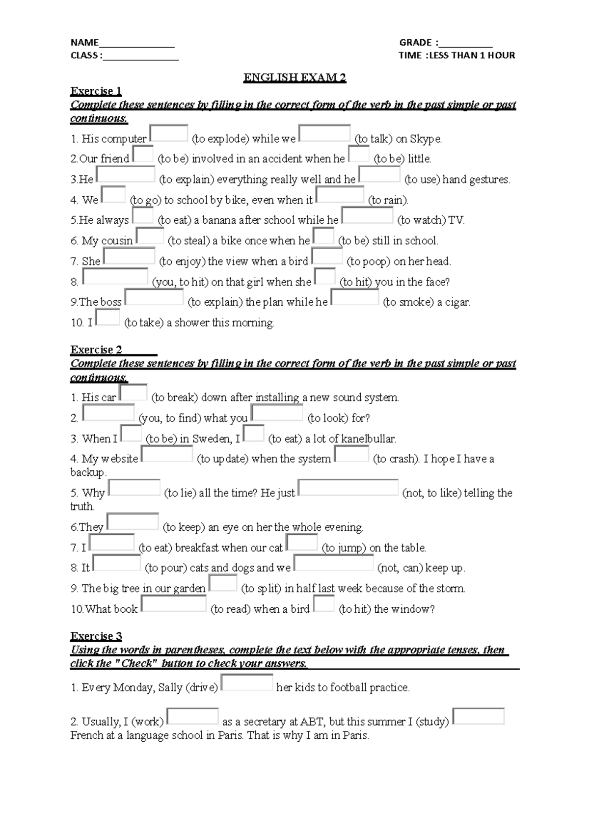 English EXAM 2 - NAME______________ GRADE :__________ CLASS ...