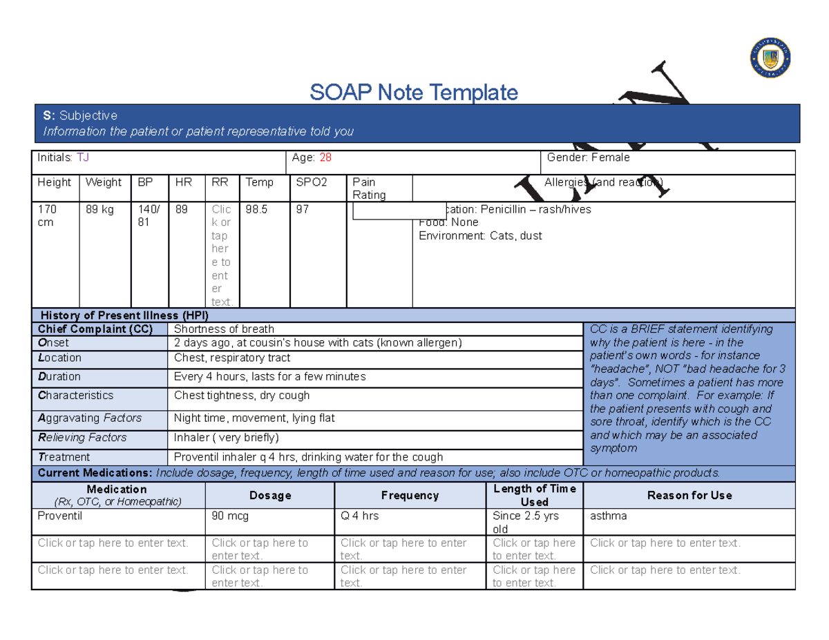SOAP note week 2 Tina Jones respiratory assignment - SOAP Note Template ...