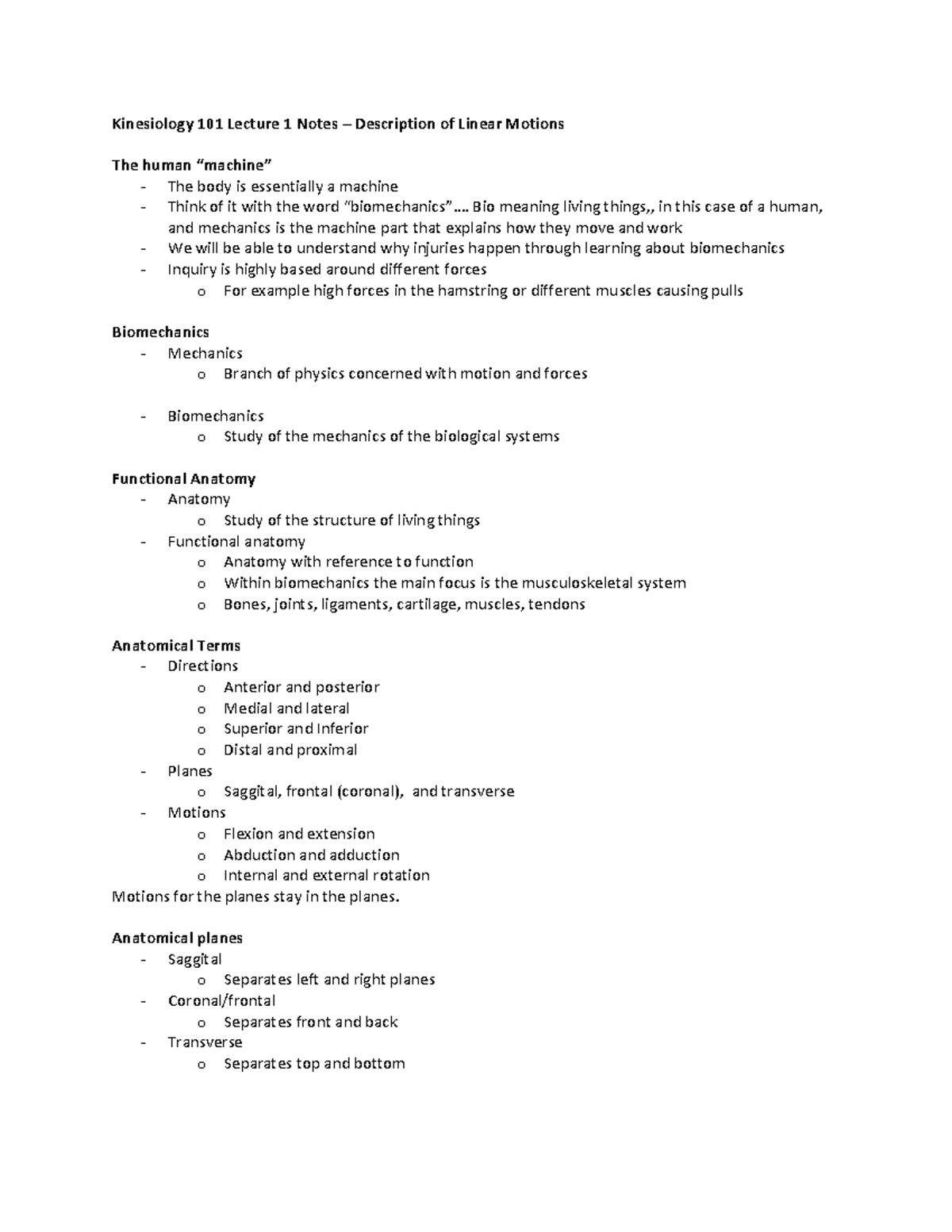 Kines 101- lecture 1 - Kinesiology 101 Lecture 1 Notes – Description of ...