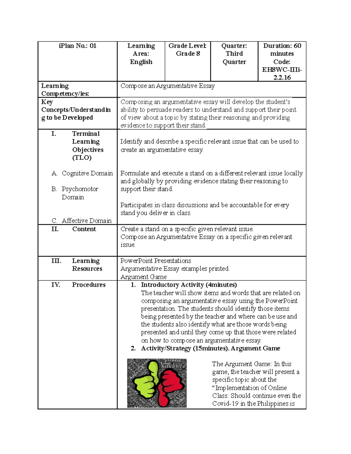 I Plan No 01-Manilyn Perico - iPlan No.: 01 Learning Area: English ...