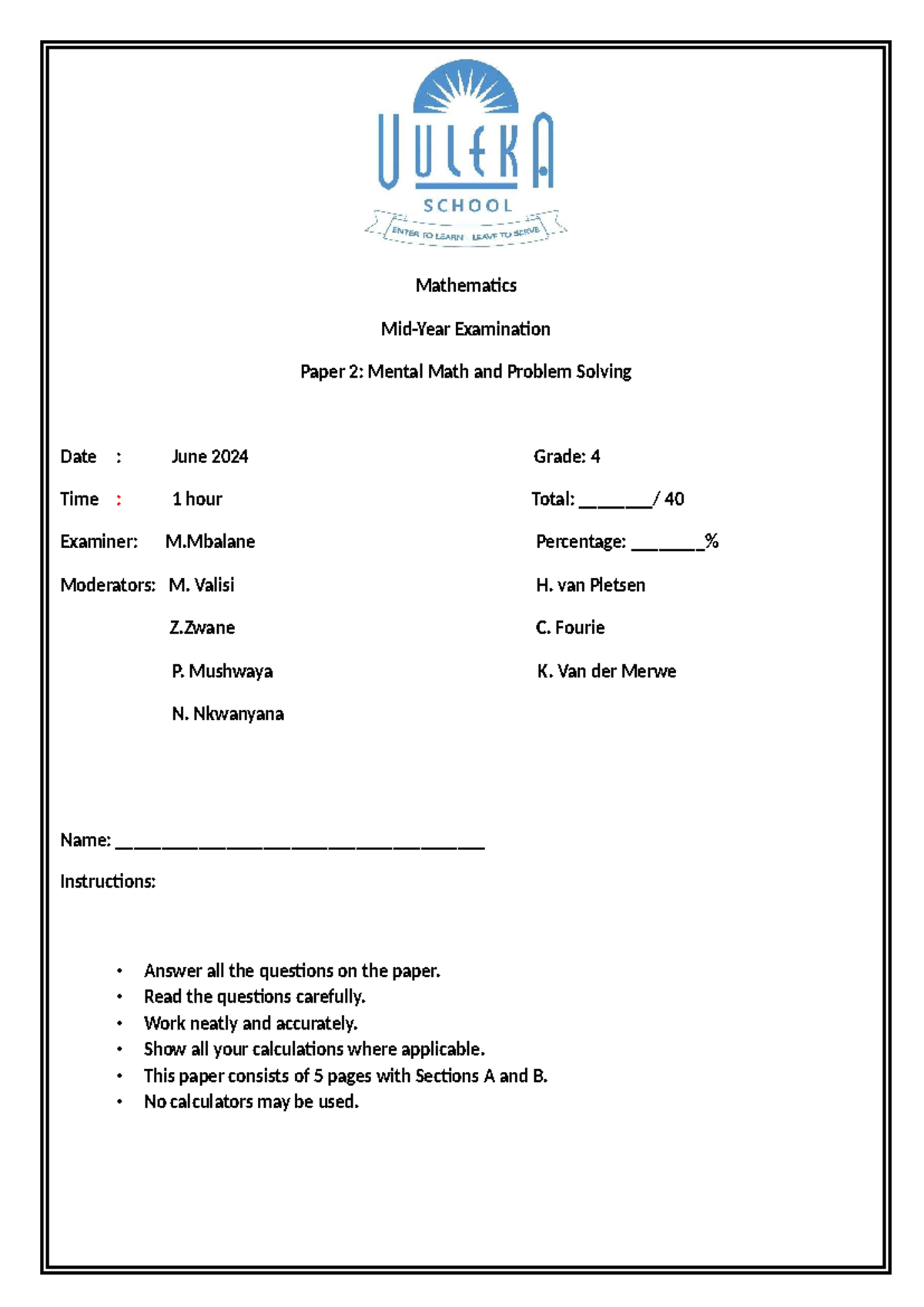 Gr 4 MID exam 2024 Paper 2 - Mathematics Mid-Year Examination Paper 2 ...