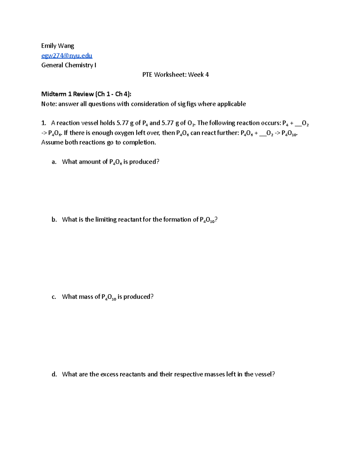 Week 4 - Gen Chem I LG Worksheet - Emily Wang egw274@nyu General ...