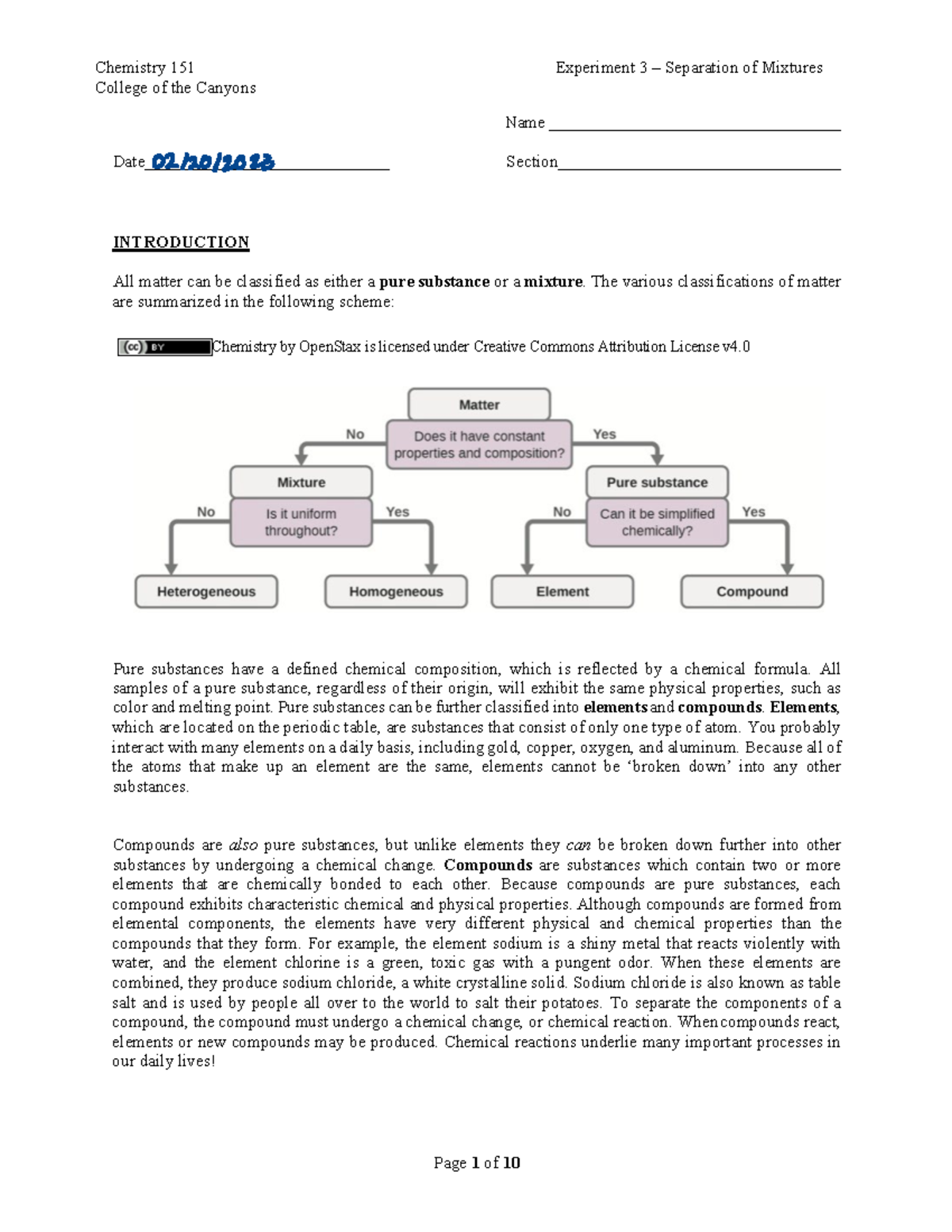 Experiment 3 - Pure substances and mixtures - College of the Canyons ...