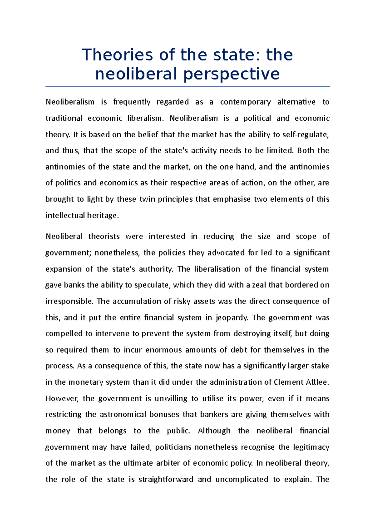 Theories of the state the neoliberal perspective - Theories of the ...