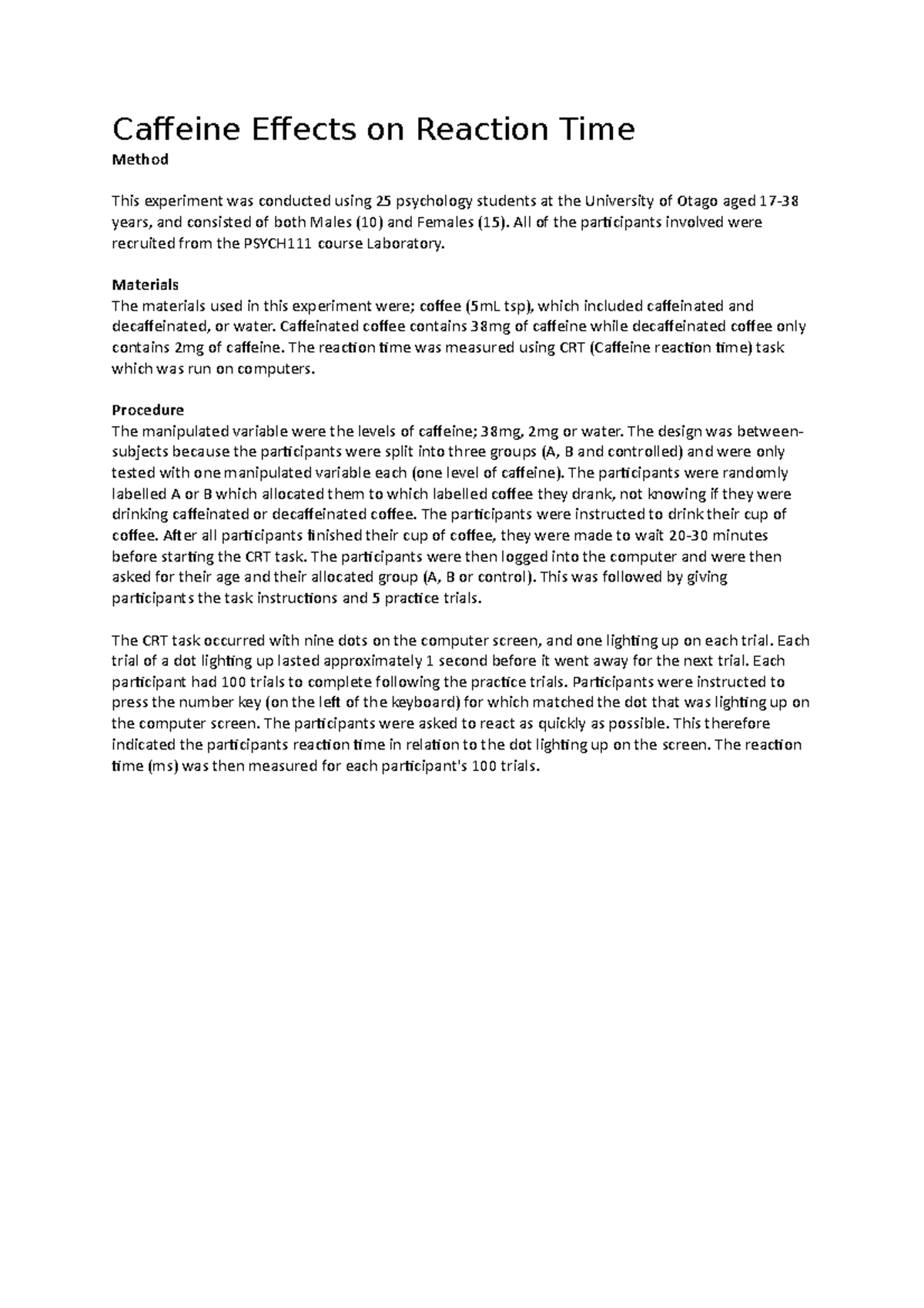 Caffeine Effects on Reaction Time - Caffeine Effects on Reaction Time ...