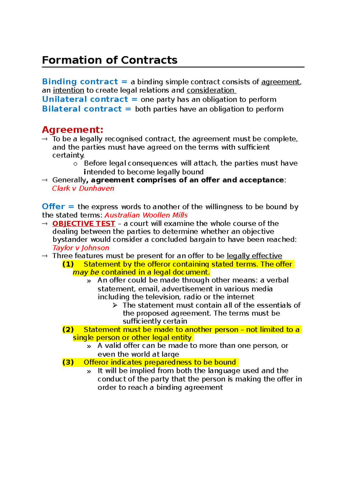 Contract LAW EXAM Notes - Formation of Contracts Binding contract = a ...