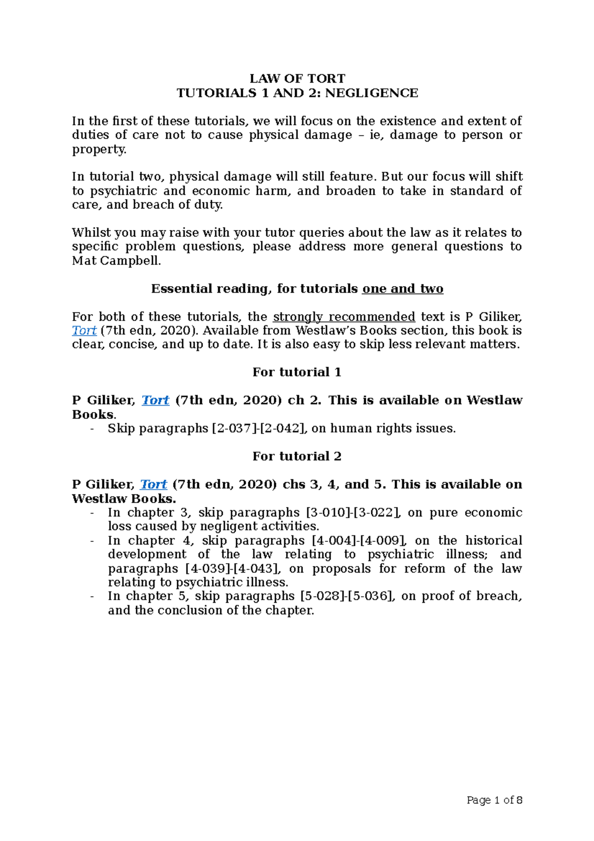 Tort - Tutorials 1 and 2 - negligence - LAW OF TORT TUTORIALS 1 AND 2 ...