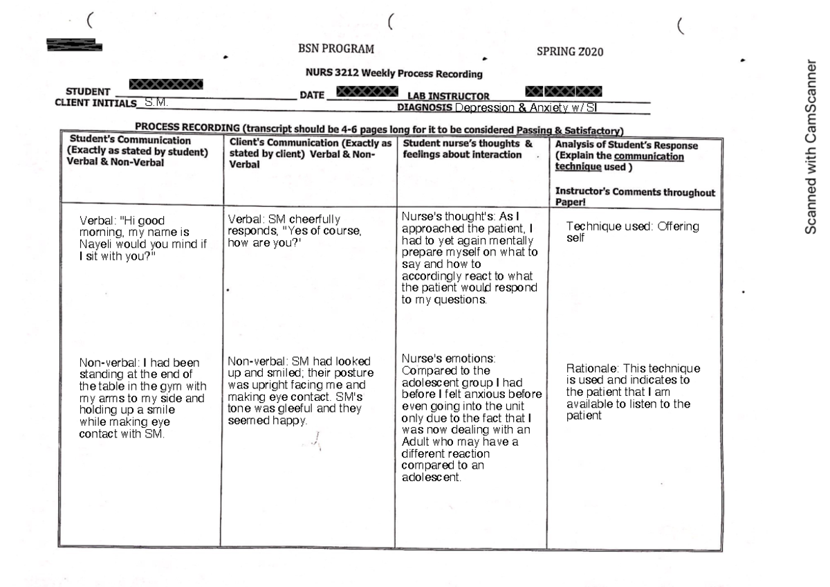 Process Recording 2 - S. Depression & Anxiety w/ SI Verbal: "Hi good ...