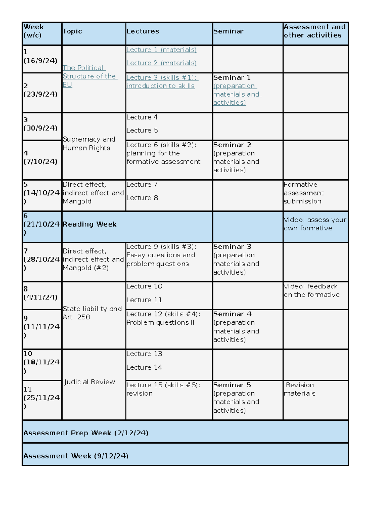 Teaching schedule - timetable - Week (w/c) Topic Lectures Seminar ...