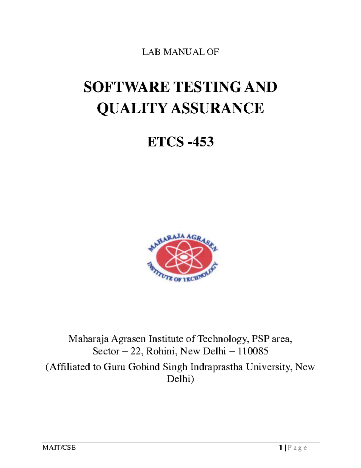 STQA - Nsut east campus stqa lab manual - LAB MANUAL OF SOFTWARE ...