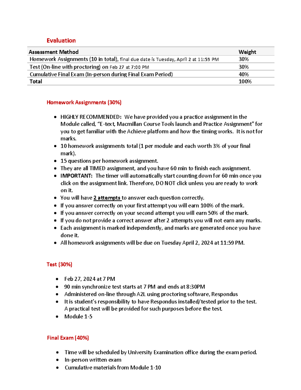 Due dates and evaluations 2024 - Evaluation Assessment Method Weight ...
