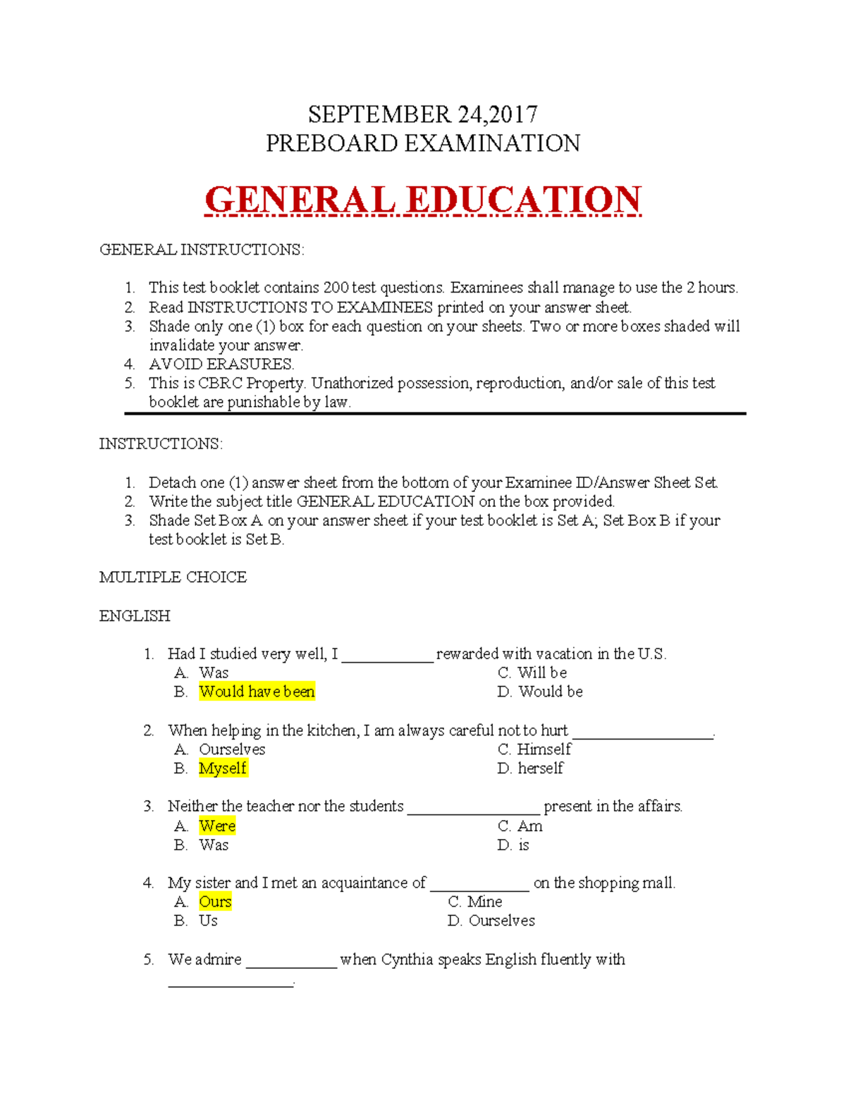 GEN-ED Preboard - N/A - SEPTEMBER 24, PREBOARD EXAMINATION GENERAL ...