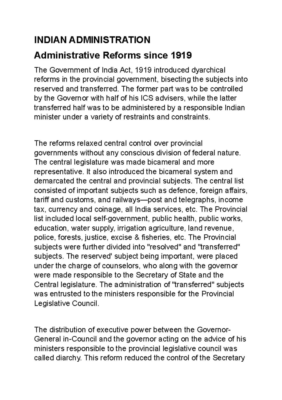 Indian Administration - Administrative Reforms since 1919 - INDIAN ...