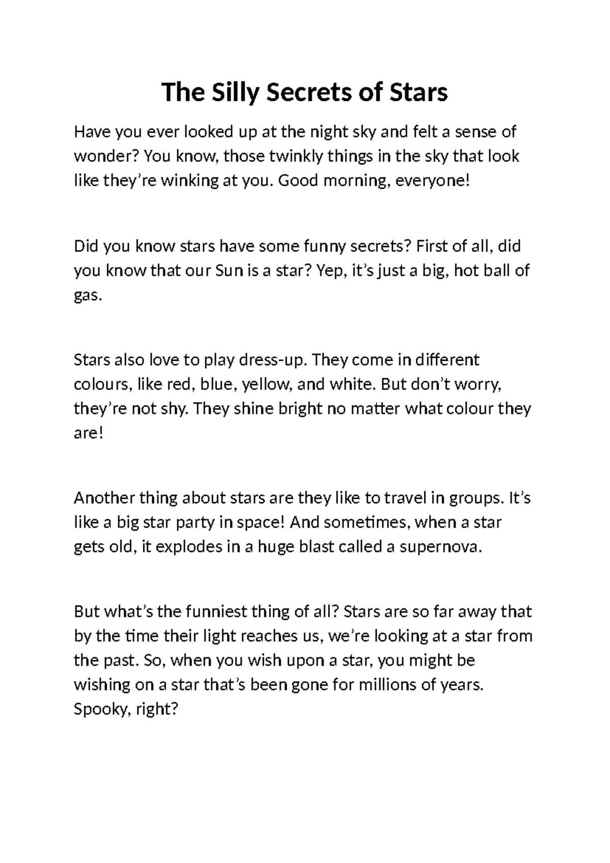 The Silly Secrets of Stars - Good morning, everyone! Did you know stars ...