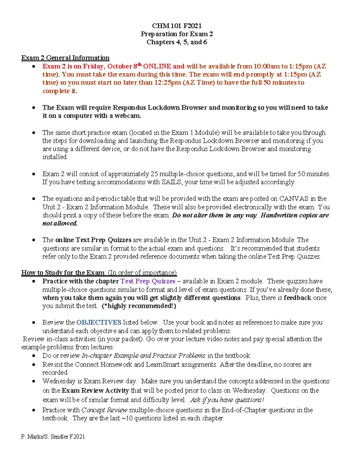 101 Exam 2 Study guide - P. Marks/S. Sendler F CHM 101 F Preparation ...