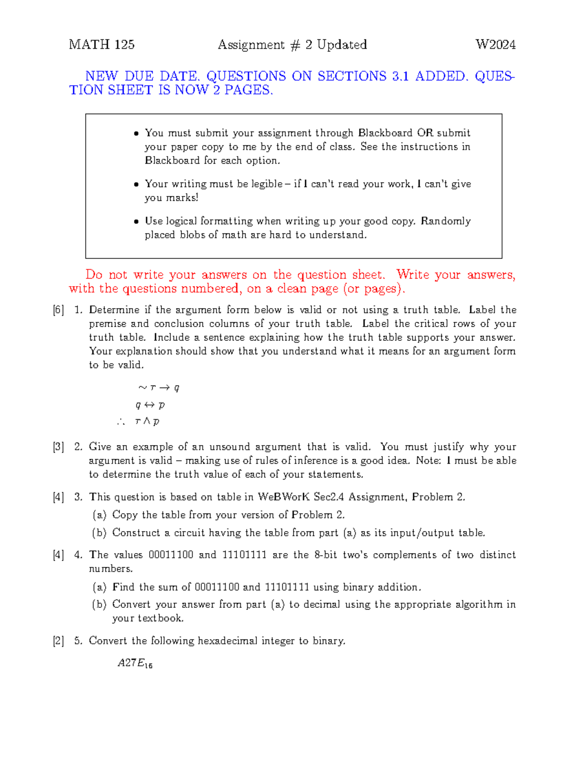 Asst2 m125w24 - Practive work - MATH 125 Assignment # 2 Updated W NEW DUE DATE. QUESTIONS ON ...