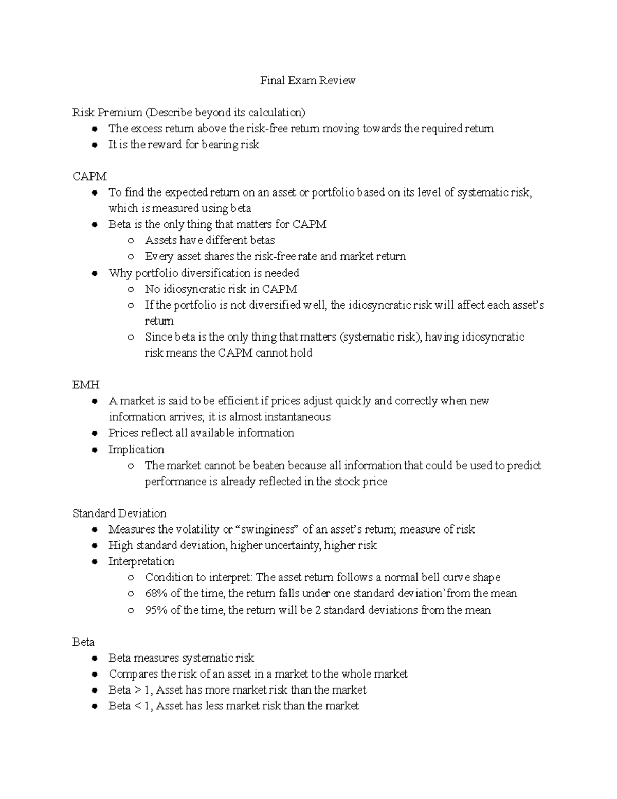 Final Exam Review - notes - Final Exam Review Risk Premium (Describe ...