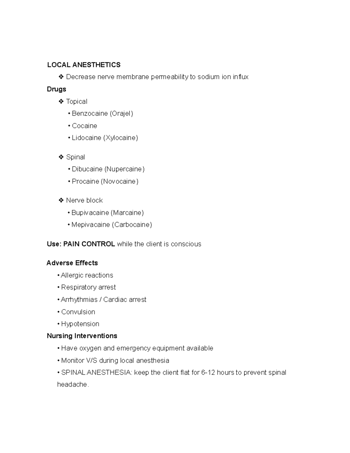 Local Anesthetics - NOTES - LOCAL ANESTHETICS Decrease nerve membrane ...