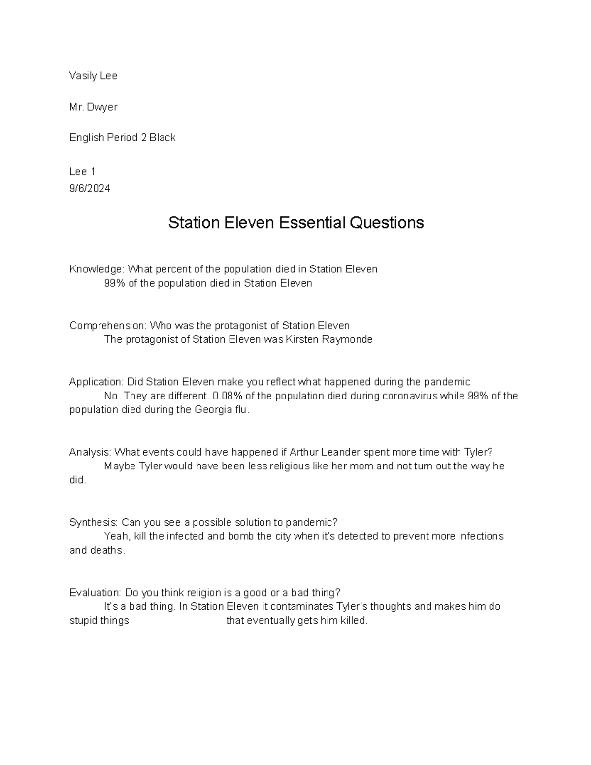 Station Eleven Essential Questions - Vasily Lee Mr. Dwyer English ...
