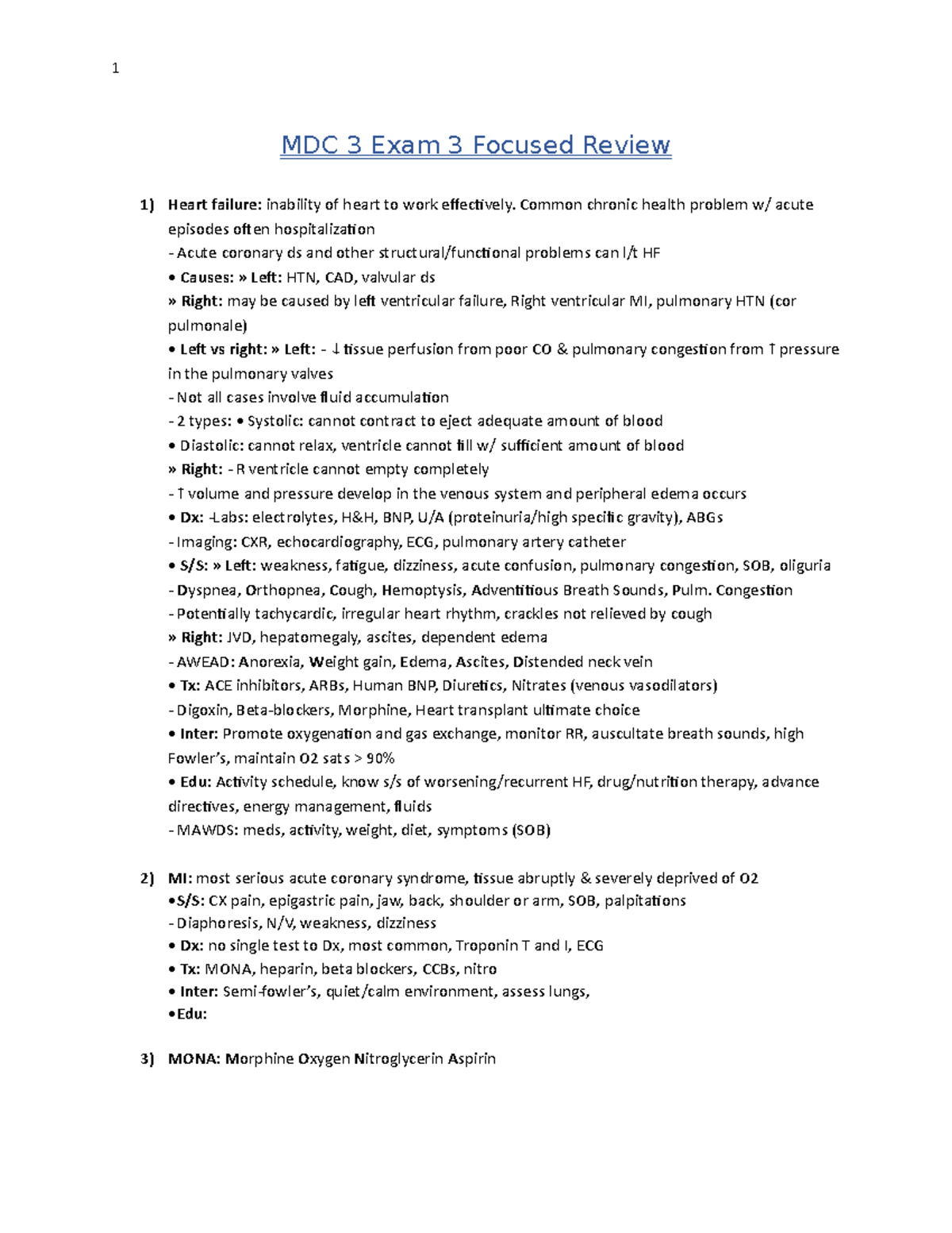 MDC 3 Exam 3 Focused Review - MDC 3 Exam 3 Focused Review Heart failure ...