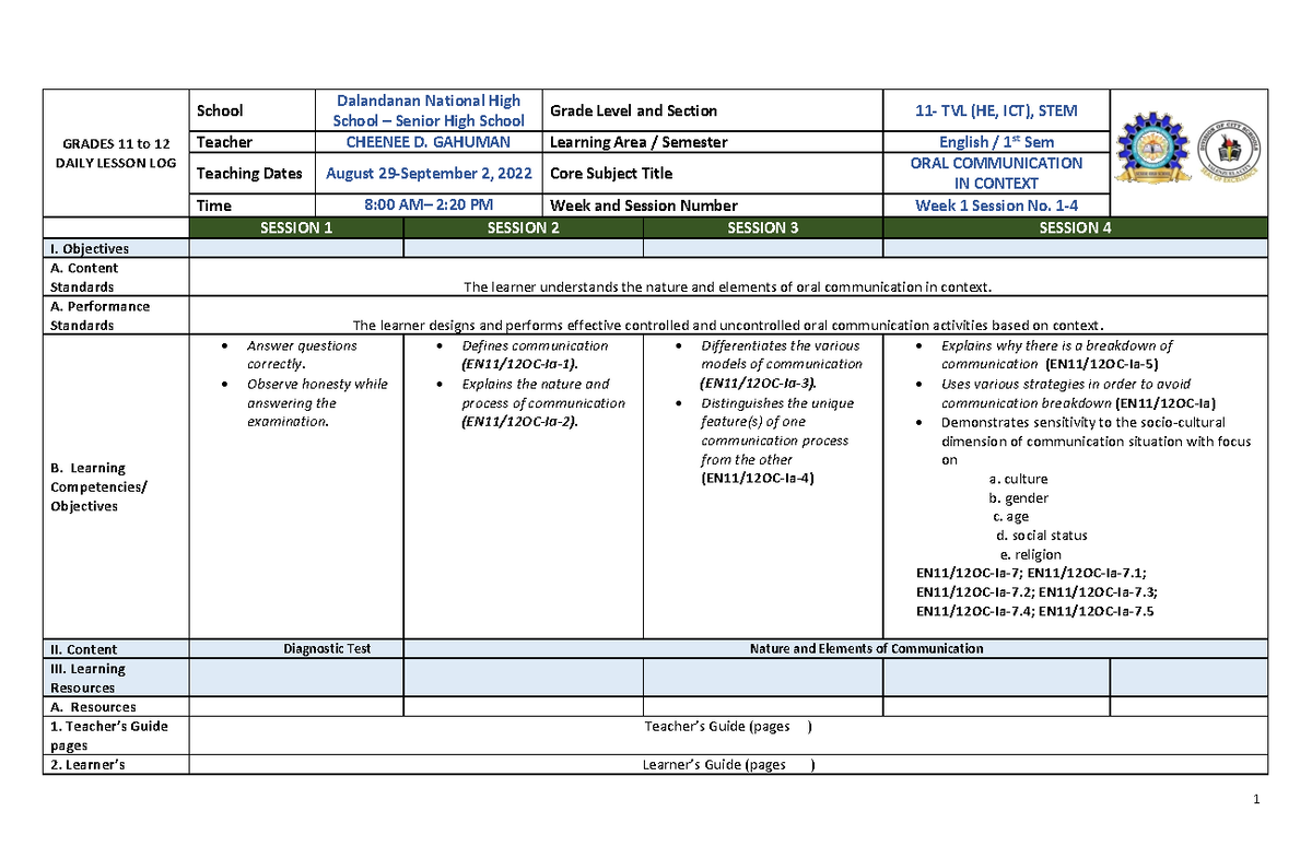 ORAL Communication IN Context - GRADES 11 to 12 DAILY LESSON LOG School ...