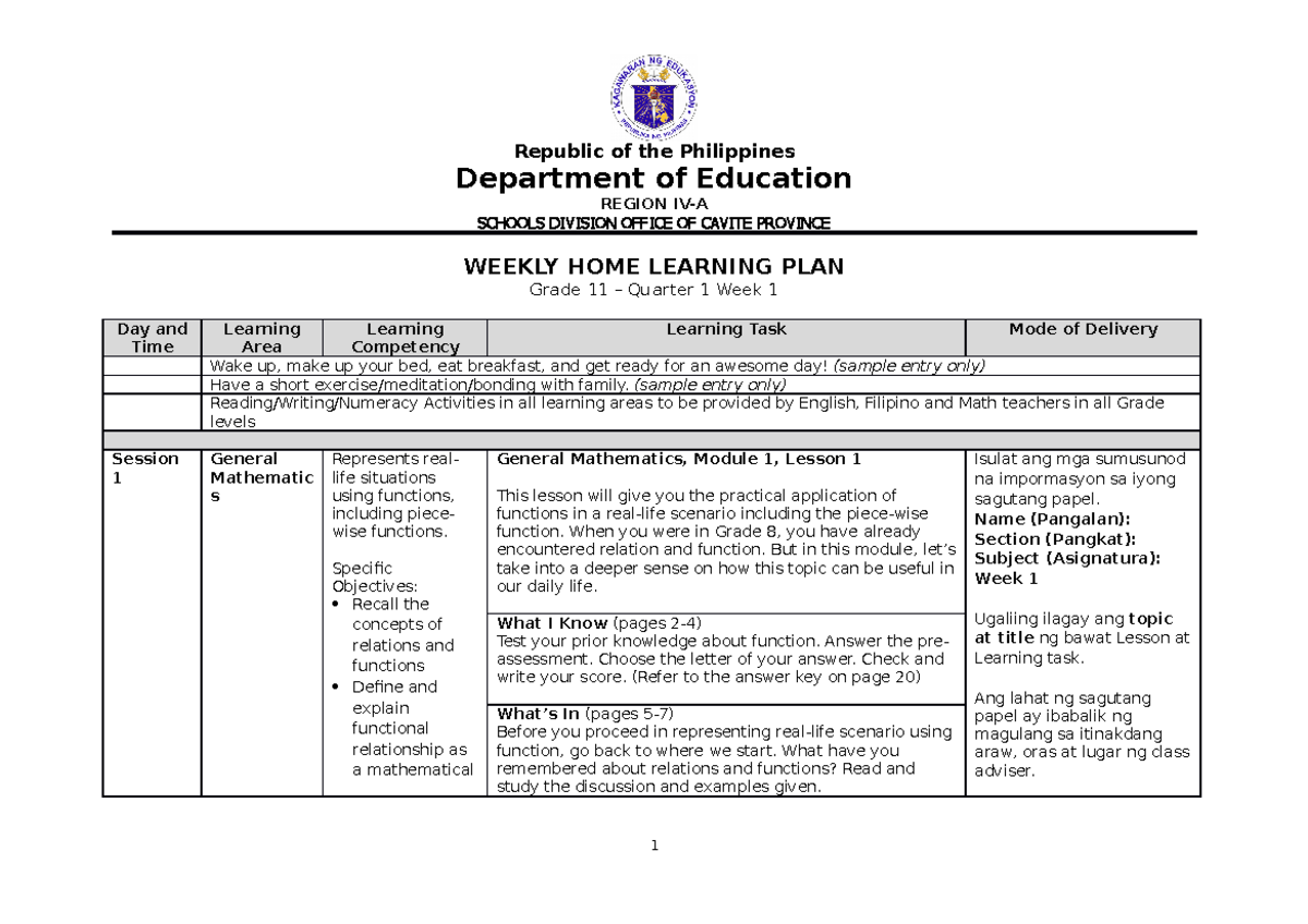 SHS-Gen Math-Q1W1 - WHLP - Department of Education REGION IV-A SCHOOLS ...
