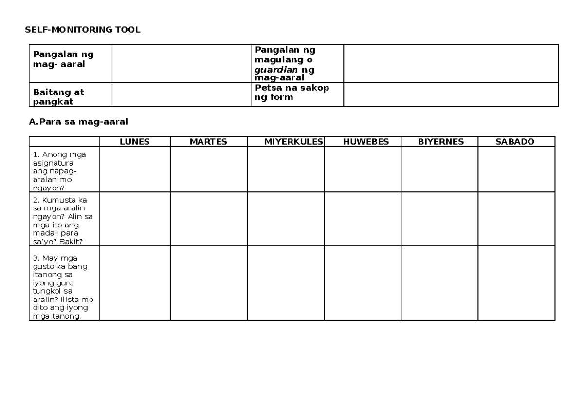 SELF- Monitoring TOOL - Lecture notes 1 - SELF-MONITORING TOOL Pangalan ...