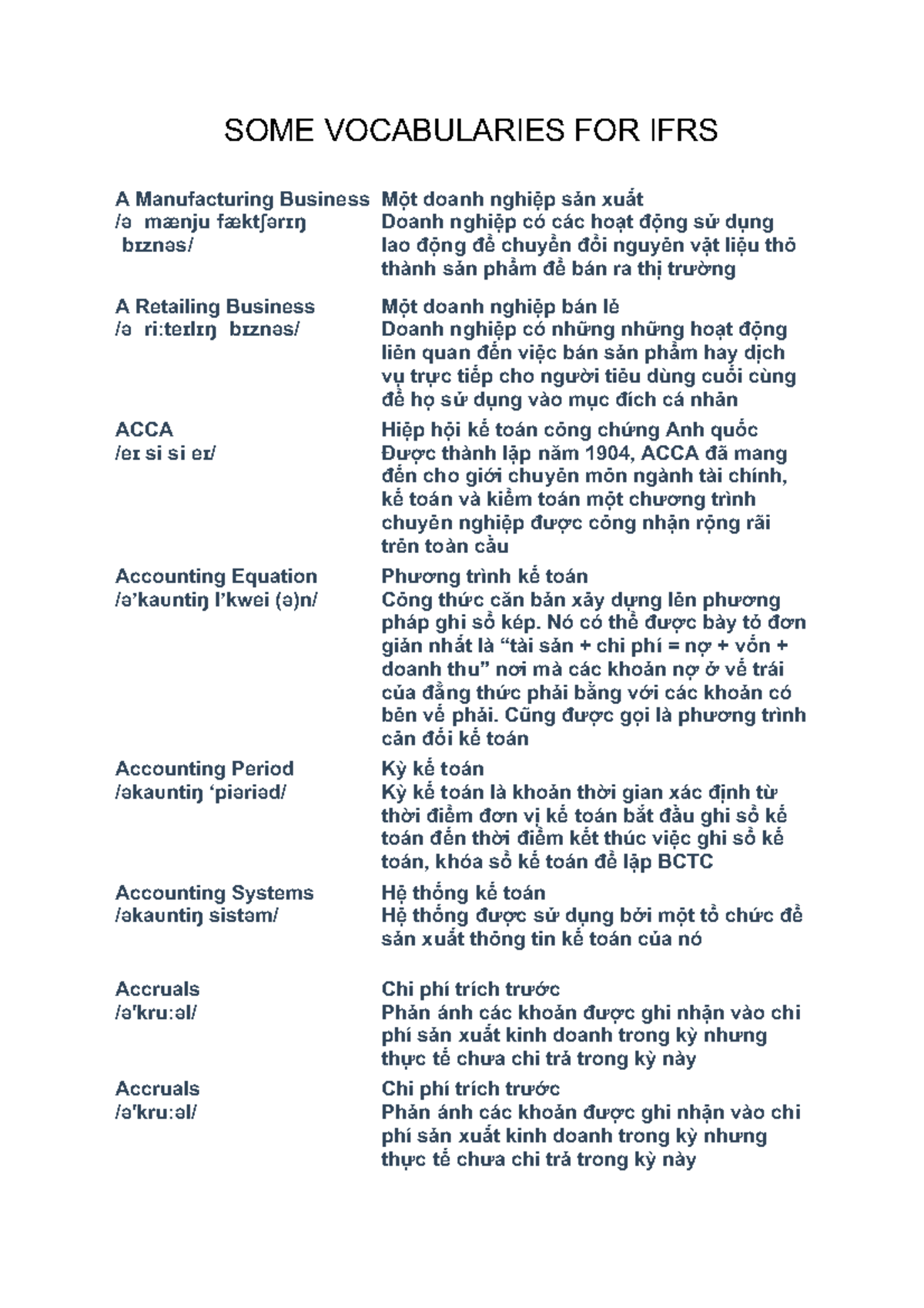 Vocabularies for IFRS - Từ vựng về kế toán quốc tế - IFRS - SOME VOCABULARIES FOR IFRS A - Studocu