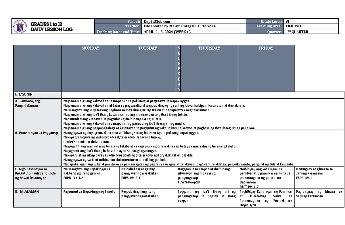 DLL Filipino 6 Q4 W1 - DLL fil 6 - GRADES 1 to 12 DAILY LESSON LOG School: DepEdClub Grade Level ...