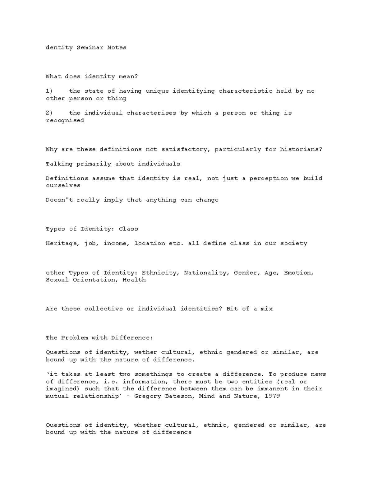 Theories on Identity Short Summary - HIST10032 - Edin - Studocu